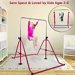 RAVS Gymnastics Bar for Kids with Swing Set Expandable Gymnastics Bars for Home 3' to 5' Adjustable Height Folding Gymnastics Training Bar Max Load 170LBS