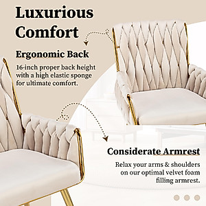 ABET Velvet Desk Chair 1PC, Modern Woven Armchair with Gold Metal Legs & Armrest, Comfy Upholstered Vanity Makeup Chair for Teen Girls & Women, Cute Office Chair for Bedroom, Living Room,Beige