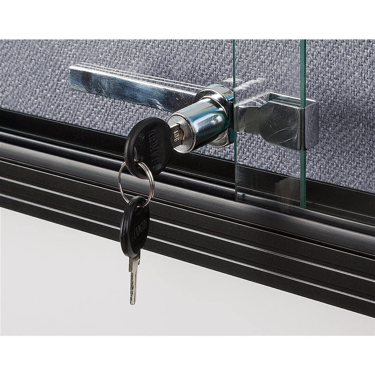 Displays2go 5' x 3' Indoor Bulletin Board, Locking Slide Doors, Gray Tackboard - Black (FBSD63BKGLG)