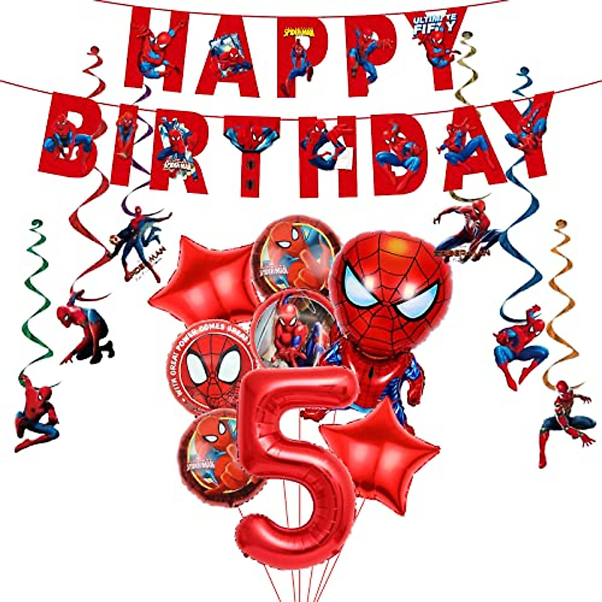 Superhero Spider Foil Balloons Birthday Decorations Red Balloons 32 Inch and Red Spider Banner for Boy Kids Spider Themed Birthday Party Decoration (5)
