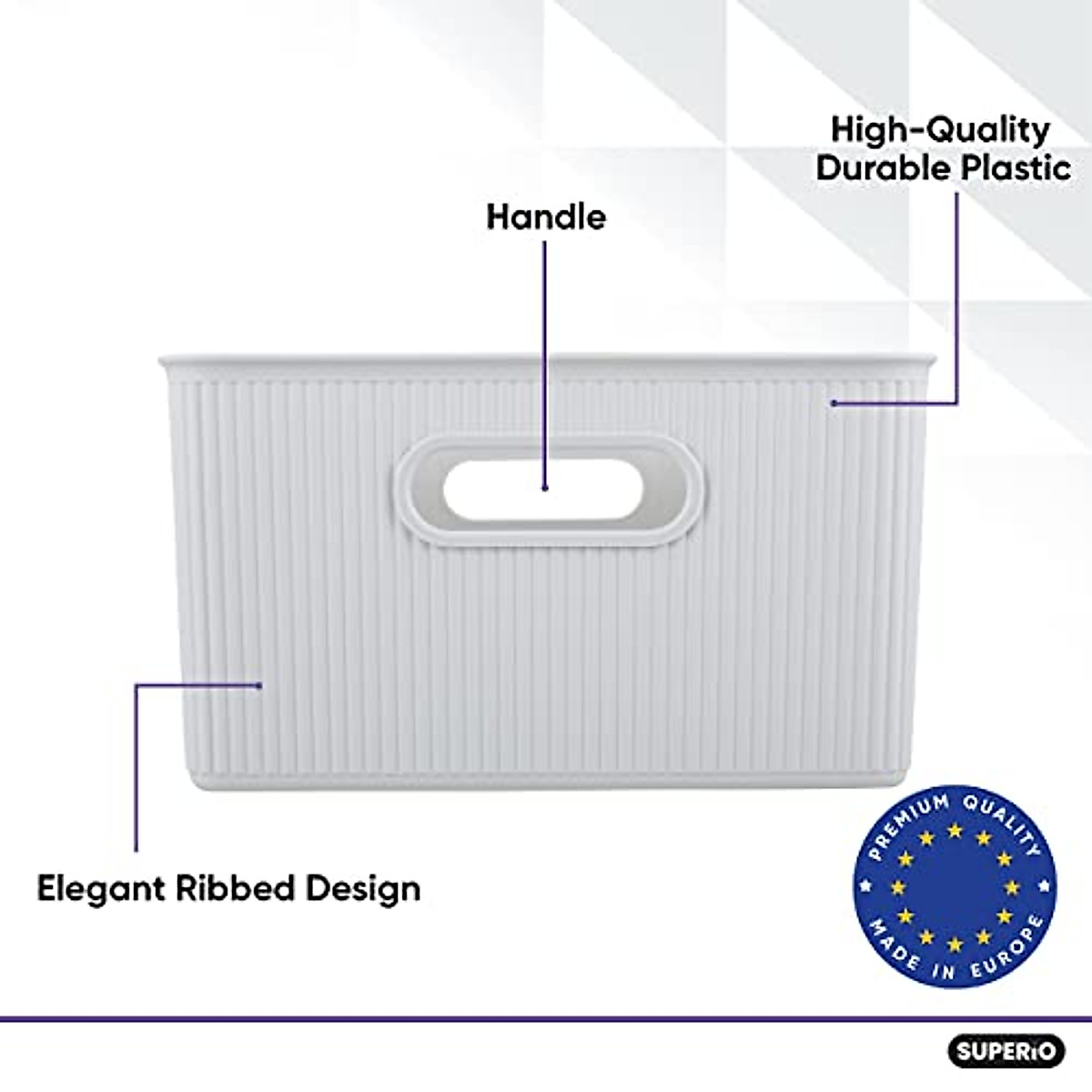 Superio Decorative Plastic Lidded Home Storage Bins Organizer Baskets, Large White Smoke (1 Pack - 15 Liter) Stackable Container Box, for Organizing Closet Shelves Drawer Shelf - Ribbed Collection