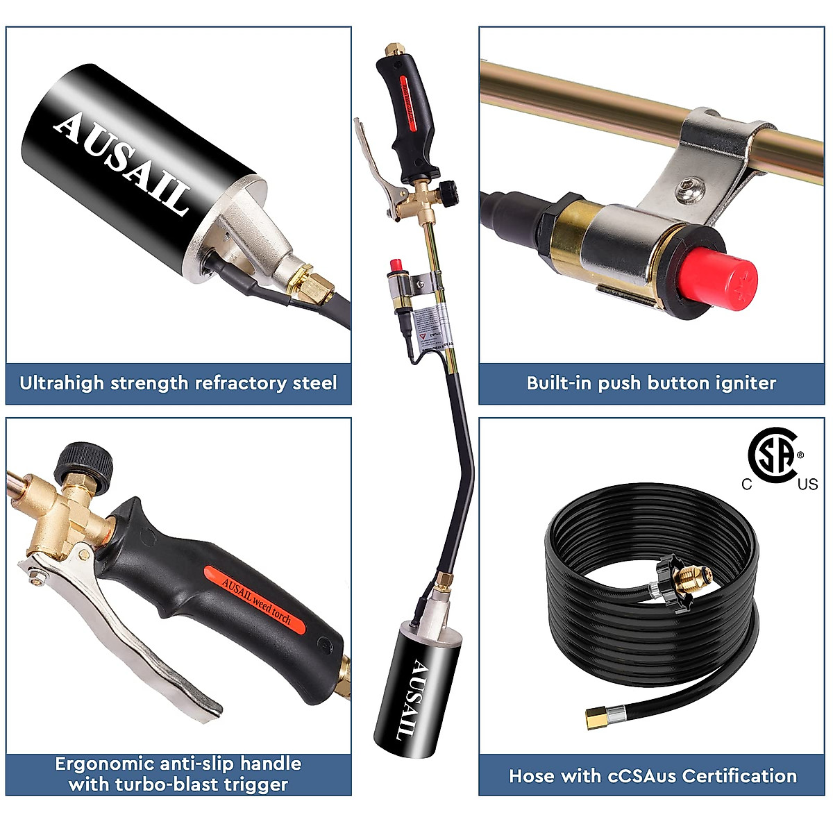 Propane Torch Weed Burner,Blow Torch,Heavy Duty,High Output 1,800,000 BTU,Flamethrower with Turbo Trigger Push Button Igniter and 10 FT Hose for Roof Asphalt,Ice Snow,Road Marking,Charcoal(Black）