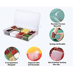 Divided Veggie Tray with Lid, 8 Compartment Vegetable Storage Square Appetizer Relish Serving Platter, Food Fruit Snack Containers with 8 Spoons for Refrigerator Organizer Bins