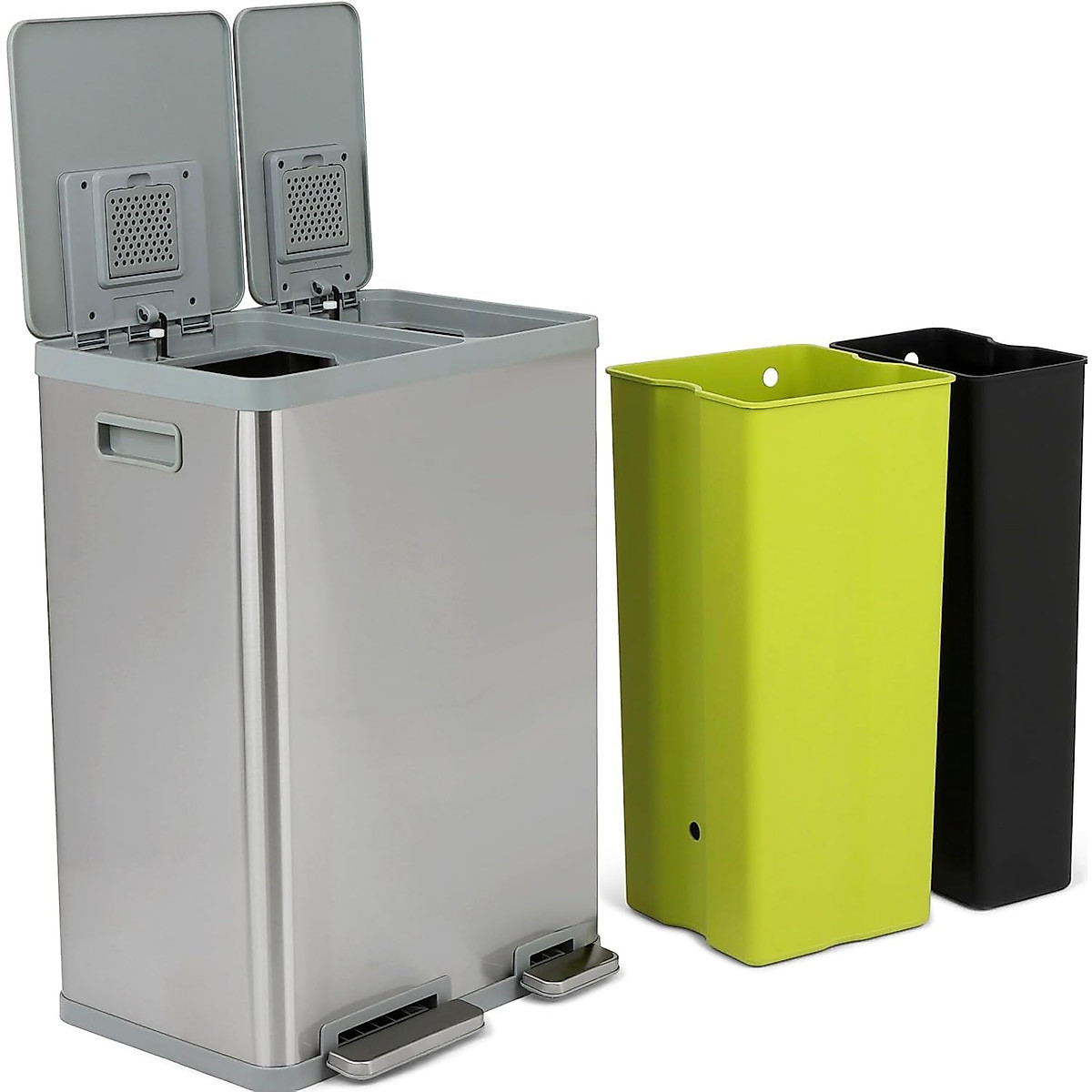 Simpli-Magic 60 Liter / 16 Gallon Rectangular Hands-Free Dual Compartment Recycling Kitchen Step Trash Can with Soft-Close Lid, Brushed Stainless Steel (40L + 20L Capacity)