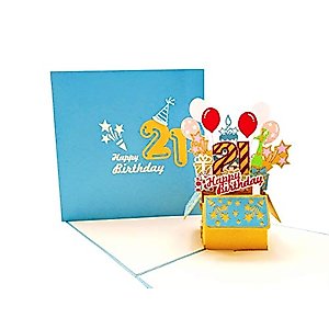 iGifts And Cards Happy 21st Blue Birthday Party Box 3D Pop Up Greeting Card - Awesome Twenty-one, Cute, Congrats, Unique, Celebration, Feliz Cumpleaños, Balloons, Gift, Presents