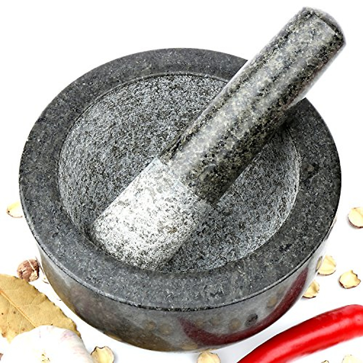 H&S Pestle and Mortar Set Large Premium Solid Granite Stone Black - 16cm(6.3") Diameter