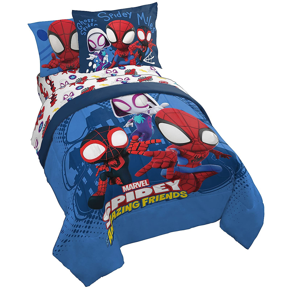 Jay Franco Marvel Spidey and His Amazing Friends Team Spidey 5 Piece Twin Size Bed Set - Includes Comforter & Sheet Set Bedding - Super Soft Fade Resistant Microfiber (Official Marvel Product)