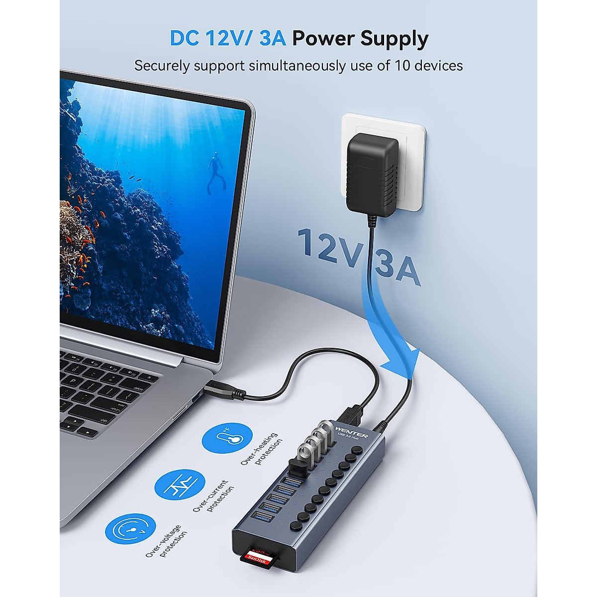 Powered USB 3.0 Hub, Wenter 10 Ports 36W Powered USB Hub, Aluminum USB Splitter with Individual On/Off Switches, SD/TF Card Readers and 12V/3A Power Adapter for PC/Laptops/MacBook Pro/Air/iMac/iPad
