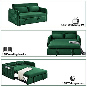 Hison 3 in 1 Sleeper Sofa Couch Bed Modern Convertible Sofa Bed Pull Out Sofa with 3-Level Adjustable Backrest with 2 Pillows and 2 Pockets,Green