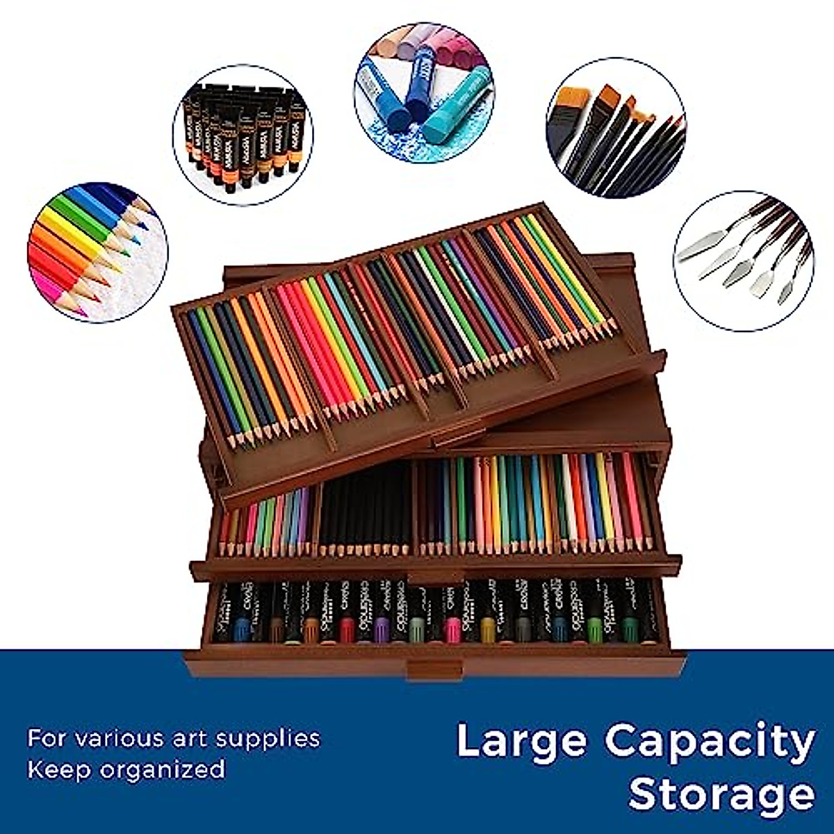 VISWIN Upgraded 3-Drawer Wood Artist Supply Storage Box with Removable Dividers, Premium Beech Wood Art Storage Box, Portable Organizer Box for Paints, Pastels, Pencils, Brushes and Art Supplies