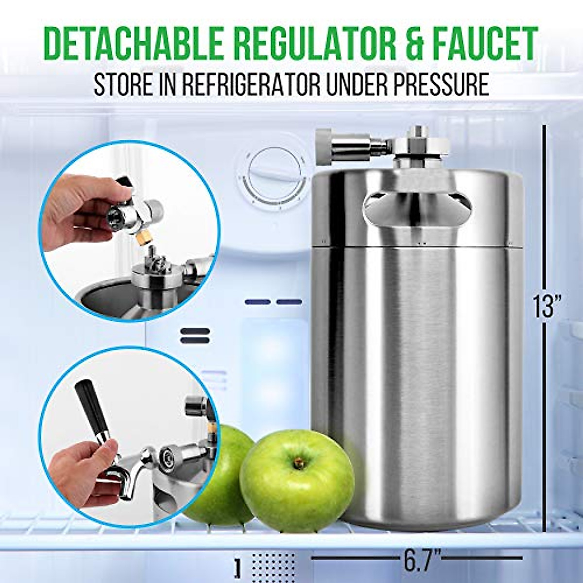 NutriChef Pressurized Growler Tap System, 128oz Double-Walled Stainless Steel Mini Keg Dispenser Portable Kegerator Kit, Co2 Pressure Regulator Keeps Carbonation for Craft Beer, Draft and Homebrew
