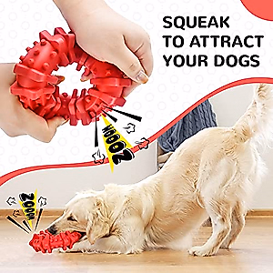 Dog Balls Treat Dispensing Dog Toys for Aggressive Chewers Large Breed, Nearly Indestructible Squeaky Dog Chew Toys for Large Dogs, Natural Rubber Dog Puzzle Toys (RING-Red, For Larege Dogs)