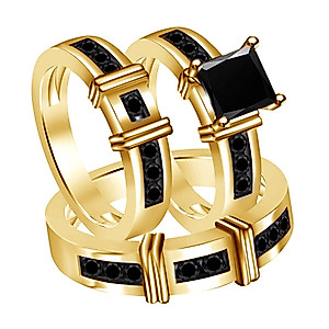Jewel Zone US Black Cubic Zirconia Engagement and Wedding Trio Fashion Ring Set in 14k Yellow Gold Over Sterling Silver (1.75 Cttw)