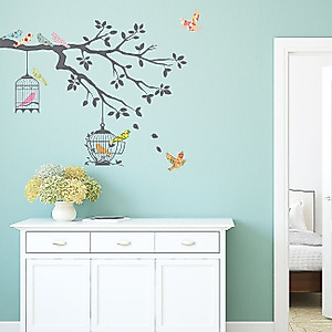 DECOWALL DW-1510 Birds on Tree Branch with Bird Cages Kids Wall Stickers Wall Decals Peel and Stick Removable Wall Stickers for Kids Nursery Bedroom Living Room (Grey) d?cor
