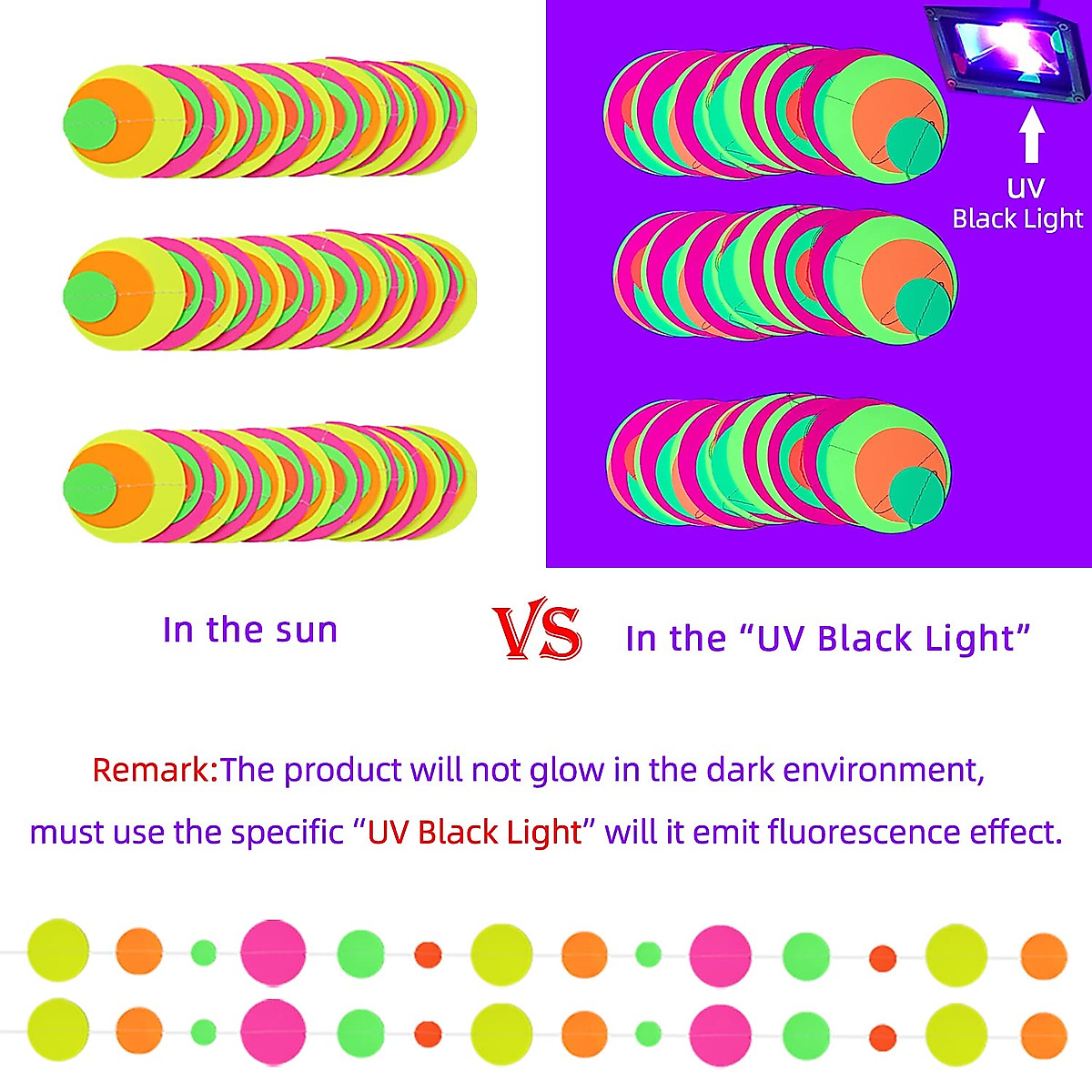 110feet UV Round Dot Paper Neon Garland Neon Streamers Black Light Neon Decorations for Dark Glow Party UV Reactive Neon Party Favors Glow in The Dark Party Supplies Wedding Birthday Banner Decoration