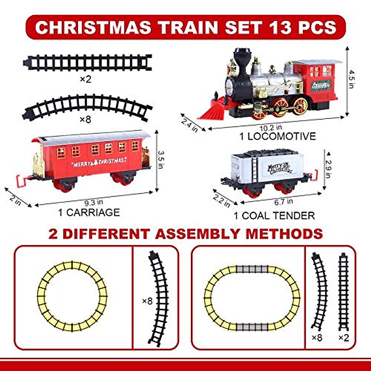 WESPREX Electric Train Set for Kids w/Headlight, Realistic Sound, Battery-Operated Classic Toy Train, 1 Locomotive, 2 Compartments, 10 Railway Tracks, Gift for Boys Girls Age 4 5 6 7 - Christmas