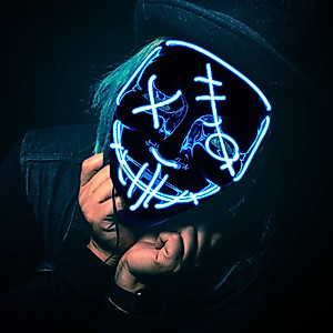 Halloween LED Mask Light Up Mask Glow in The Dark Cosplay EL Wire Halloween Festival Party Supplies for Adults (blue)