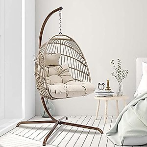 OUTPLATIO Swing Egg Chair with Stand Golden Indoor Outdoor 350lbs Capacity Hanging Rattan Hammock Chair with UV Resistant Cushion Collapsible Foldable Basket for Bedroom Balcony Patio Garden (Beige)