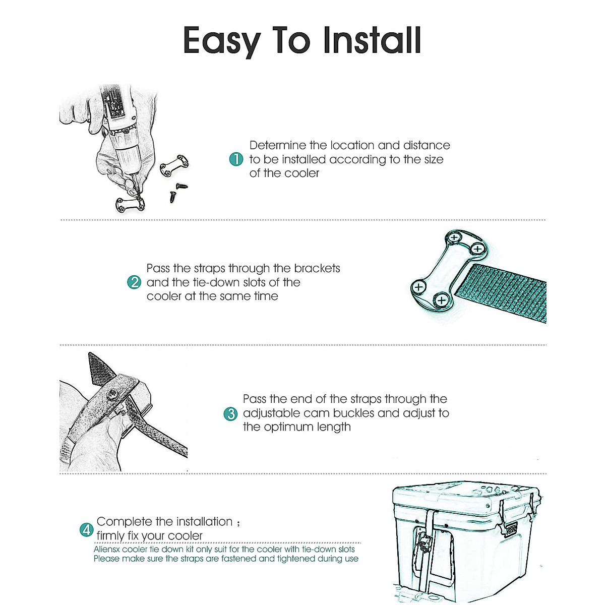 ALIENSX Cooler Tie Down Kit, Tie Down Straps for RTIC YETI Coolers, Cam Buckle Lashing Straps, Secure to Boats, Trailers, Trucks, ATVs and More, Prevent from Slipping (Blue)