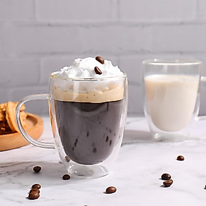 2-Pack 12 Oz Double Walled Glass Coffee Mugs with Handle,Insulated Layer Coffee Cups,Clear Borosilicate Glass Mugs,Perfect for Cappuccino,Tea,Latte,Espresso,Hot Beverage