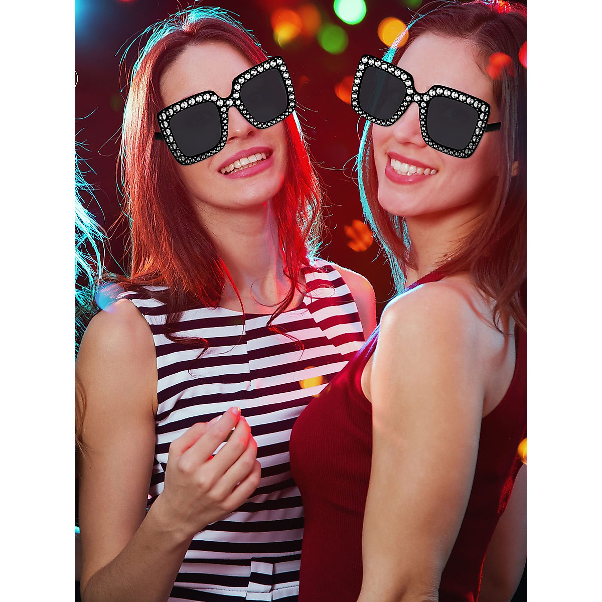 12 Pairs Crystal Oversized Sunglasses Rhinestone Square Diamond Sunglasses Frame Retro Sparkling Glasses for Women Men(Black)