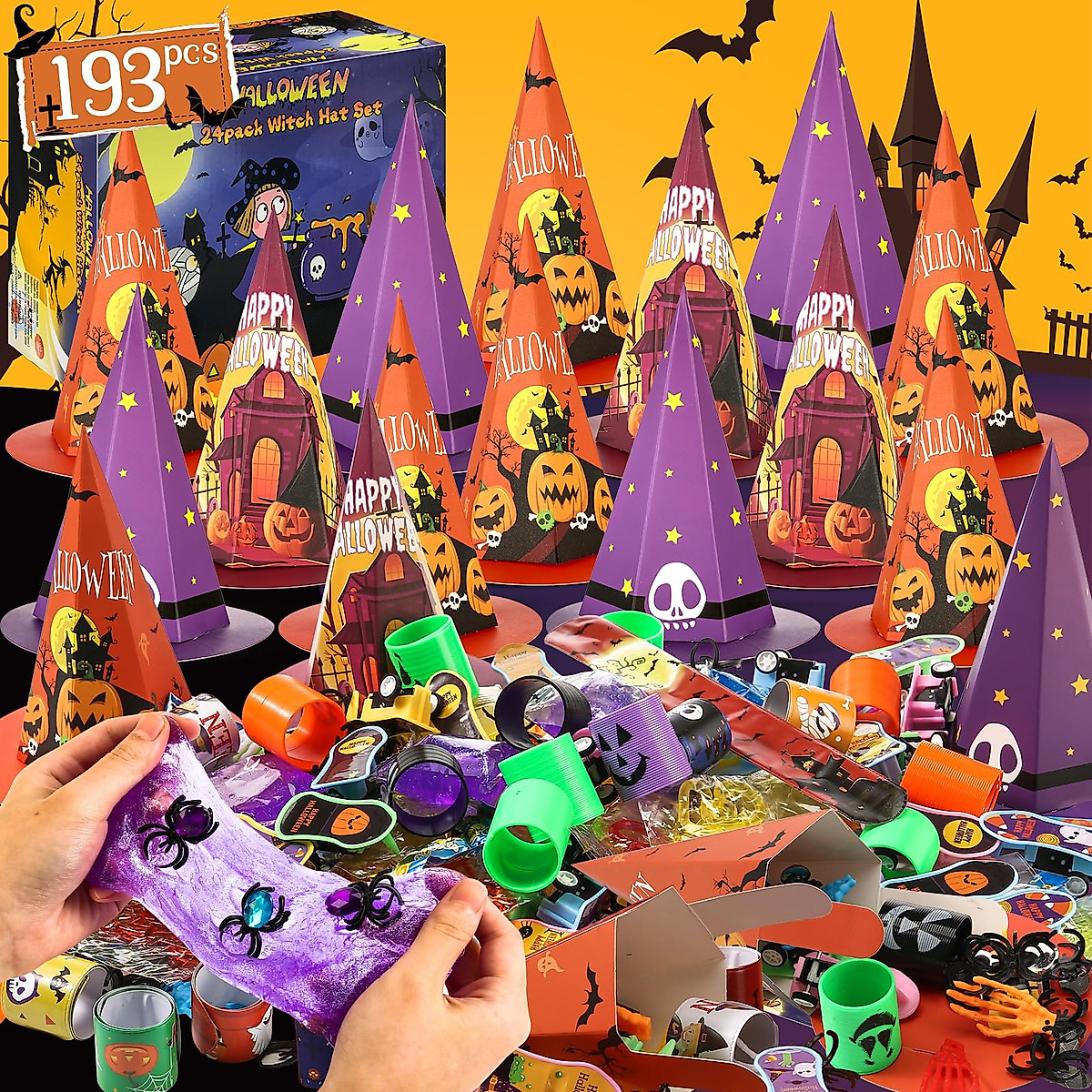 193 PCS Halloween Party Favors for Kids, Halloween Witch Hat Treats Bags Fillers with Halloween Toys and Slime, Bulk Toys for Halloween Goodie Bags Basket Stuffers, Gifts for Boys Girls