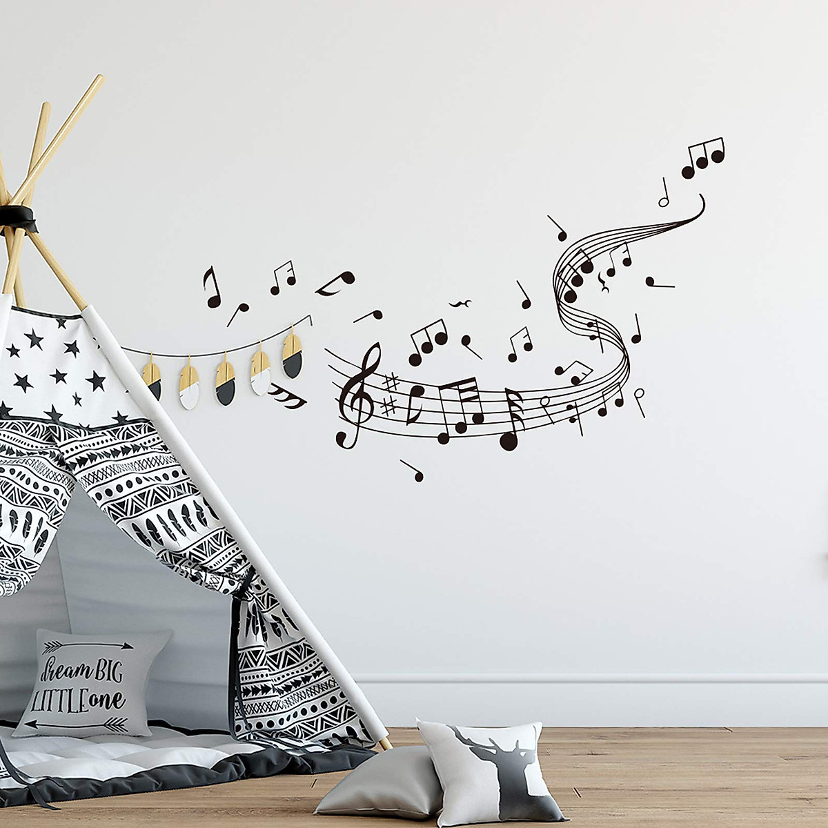 Music Notes Notation Band Wall Sticker Decal, Removable DIY Vinyl Art Mural Wallpaper Home Decor for Kids Bedroom Music & Dance Room Decorations(53×27inch / Black)