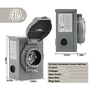 ARCFONY 50 Amp Generator Inlet Box-NEMA 3R Power Inlet Box,125/250 Volt,12500 Watts