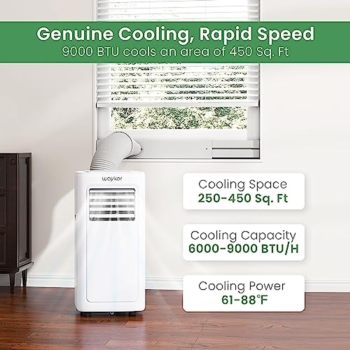 Waykar 9,000 BTU Portable Air Conditioner up to 450 Sq. Ft with Dehumidifier and Fan Mode, 3-in-1 Room AC with Drain Hose, 24Hrs Timer, Installation Kit for Home Office