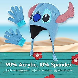 Disney Lilo and Stitch Kids Peruvian Beanie Cap and Glove Set, Winter Hat with Tassels, Blue, One Size