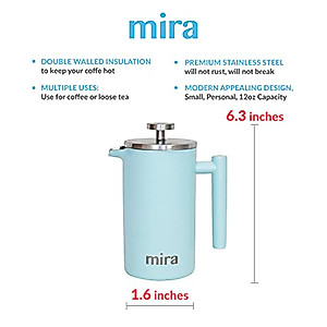 MIRA 12 oz Stainless Steel French Press Coffee Maker | Double Walled Insulated Coffee & Tea Brewer Pot & Maker | Keeps Brewed Coffee or Tea Hot | 350 ml (12 oz (350 ml), Pearl Blue)
