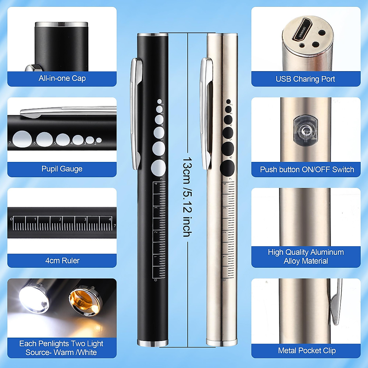 Enhon 6 Pack Nurse Tools Set, 2 Rechargeable LED Pen Lights with Two Sources and Pupil Gauge, One 6'' Trauma Bandage Shear and 3 Mini Highlighter Nurse Pen for Nurse, Nursing Student, Doctor (Black)