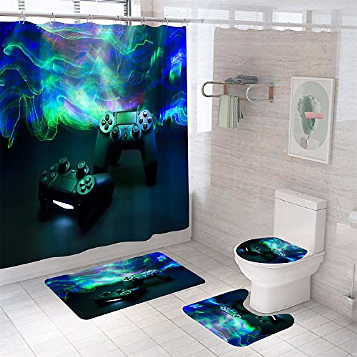 Mycurer Aurora Gaming Shower Curtain Sets with Rugs for Boys,4 Pcs Modern Two Gamepads Controller Bath Curtain Sets,Durable Bathroom Sets with Gamer Shower Curtains for Kids Bathroom