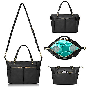 MOMINSIDE Small Diaper Bag Tote, Mini Diaper Bag Purse with 13 Pockets, Leather Crossbody Diaper Bag, Diaper Clutch Organizers,2 Insulated Pockets(Black)