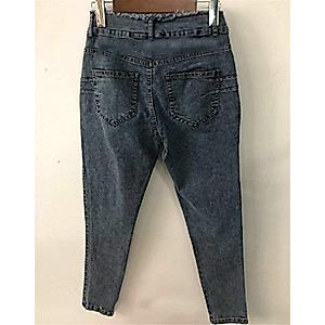 Andongnywell Women's Elastic Belted High Waist Casual Bow tie Jeans Long Pants with Pocket Trousers (Gray,X-Large)