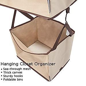 STORAGE MANIAC 2-Shelf Hanging Closet Organizer, Cloth Hanging Closet Shelf, Canvas Hanging Closet Basket with Hooks for Dorm, Apt, Bedroom, College, Garment Rack, Wardrobe, Fabric with Mesh