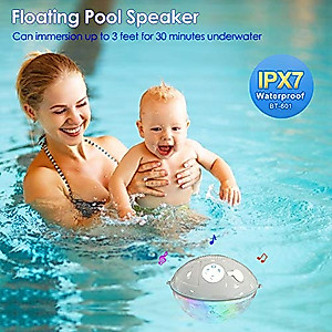 Pool Speaker with Colorful Lights, Floating Bluetooth Speaker IPX7 Waterproof,Built-in Mic,Crystal Clear Stereo Sound Speakers Bluetooth Wireless 50ft Range for Home Shower Pool Outdoor Travel