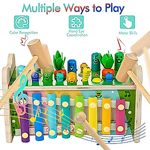 6 in 1 Wooden Montessori Toys for 1 Year Old Whack a Mole Game Hammering Pounding Toy with Xylophone Carrot Harvest Game Learning Developmental Toys Toddler Activities Gift Ages 1 2 3 4