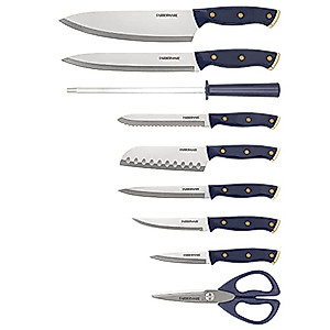 Farberware Triple Riveted Knife Block Set, 15-Piece, Navy and Gold