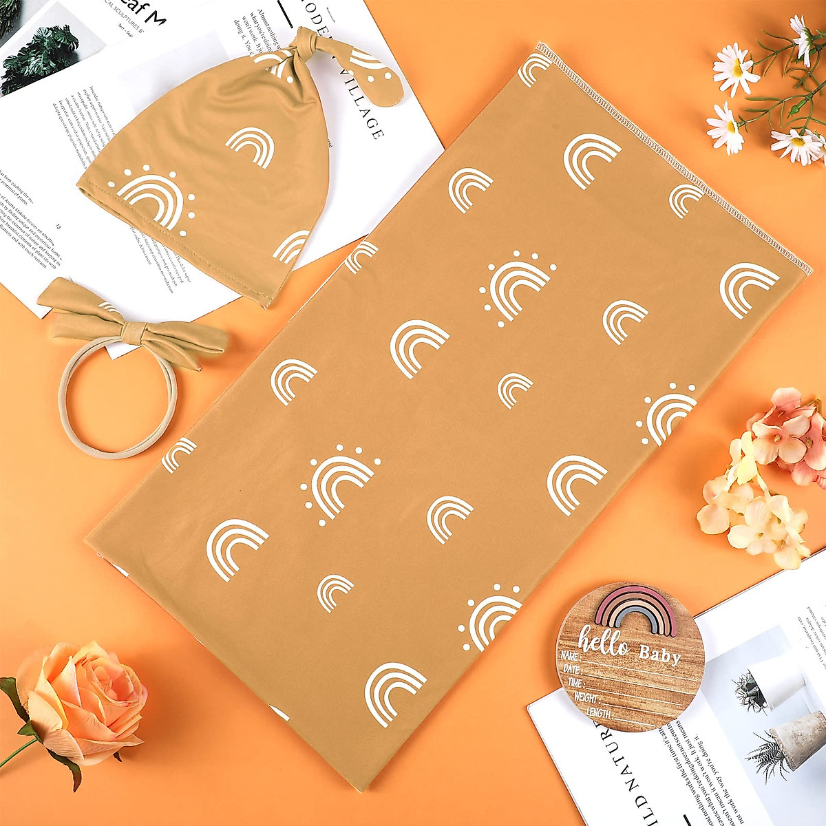 4 Pieces Light Yellow Rainbow Baby Swaddle Set Muslin Baby Swaddle Blanket Matching Hat Bow Headband Wooden Birth Announcement Card for Hospital Newborn Boy Girl 0-3 Months Receiving (40 x 40 Inch)