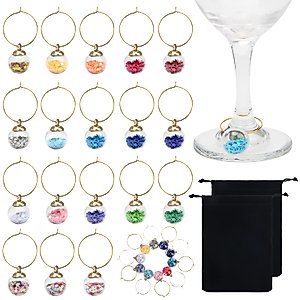 Anglecai 18Pcs Wine Glass Charms Tags Identification, Decorate Wine Glass Drink Markers with 40Pcs Rings/ 2Pcs Velvet Bags, Funny Wine Charms for Stem Glasses Cocktail Tasting Party