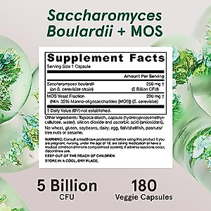 Jarrow Formulas Saccharomyces Boulardii + MOS, Clinically Studied Probiotic+Prebiotic Supplement, 5 Billion CFU, 180 Servings (Veggie Caps), Enhanced Intestinal Tract Support & Protection (Pack of 12)