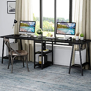 Tribesigns Two Person Desk, 94.5 Inch Double Computer Desk with Storage Shelves, Large Gaming Desk Studying Writing Workstation for Home Office, Black