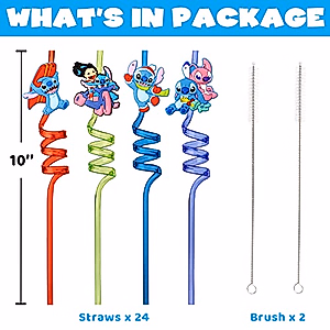 YAOOA 24Pcs Lilo & Stitch Birthday Party Supplies Reusable Drinking Straws,8 Designs Lilo & Stitch Themed Party Favors with 2 Cleaning Brushes, One Size