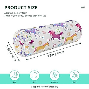 xigua Coloful Horses Neck Roll Pillow for Neck Relief with Removable Washable Cover - Memory Foam Round Cylinder Bolster, Ergonomically Designed for Head, Neck, Back, and Legs