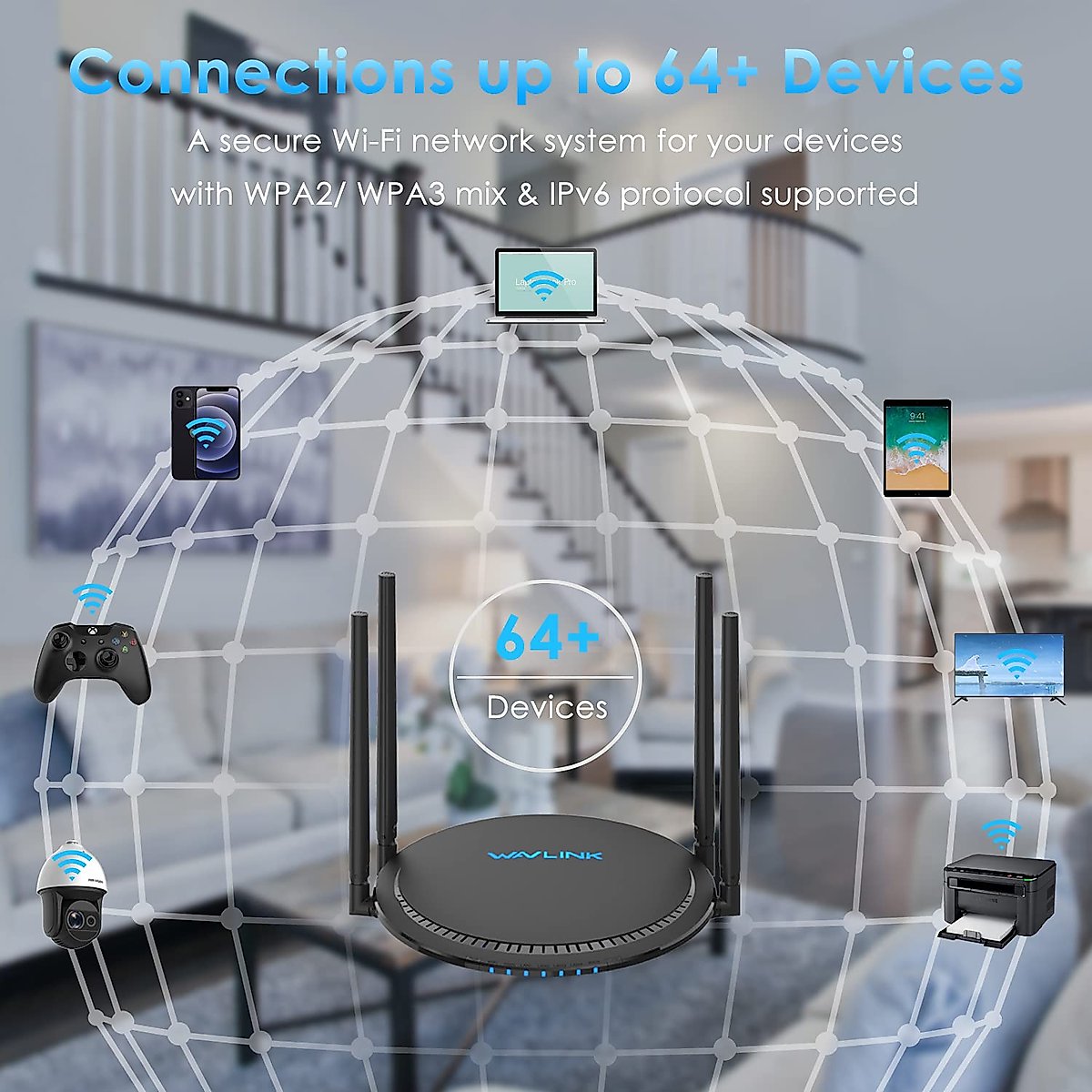 WAVLINK AX1800 WiFi 6 Smart Router, Dual Band Gigabit Wireless Internet Mesh Router for Home, Coverage up to 1,500 sq. ft., 64+ Devices, MU-MIMO OFDMA TWT, Turbo, TouchLink, Parental Control, QoS