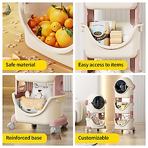 UNICOO Kids Spaceman Toy Storage Organizer, 3-Tier Stackable Plastic Rolling Cart, Multi-Functional Children's Storage Rack Shelf with Wheels for Playroom, Bedroom, Classroom, Nursery (Pink & White)