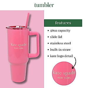 kate spade new york 40 Ounce Tumbler with Handle and Straw, Cupholder Friendly, Double Wall Stainless Steel Insulated Cup, Pink