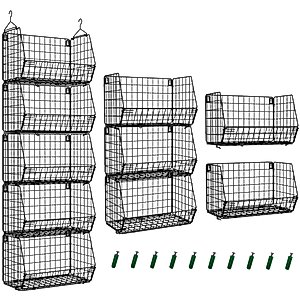 Aquzee Hanging Baskets for Organizing, 5 Tier Wall Basket Storage for Kitchen, Wire Closet Organizer Shelves for Small Space, Multifunctional Wall Mounted Baskets for Laundry Room, Pantry, Fruit
