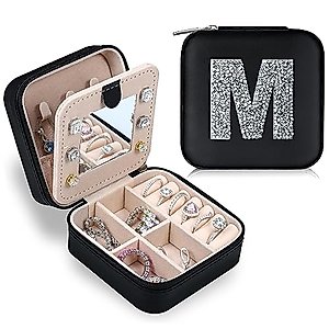 Parima Travel Jewelry Case for Women Girls, M Initial Travel Jewelry Case | Small Jewelry Travel Case | Personalized Travel Mini Jewelry Case | Gifts for Women Friends Mom Grandma - Letter M, Black